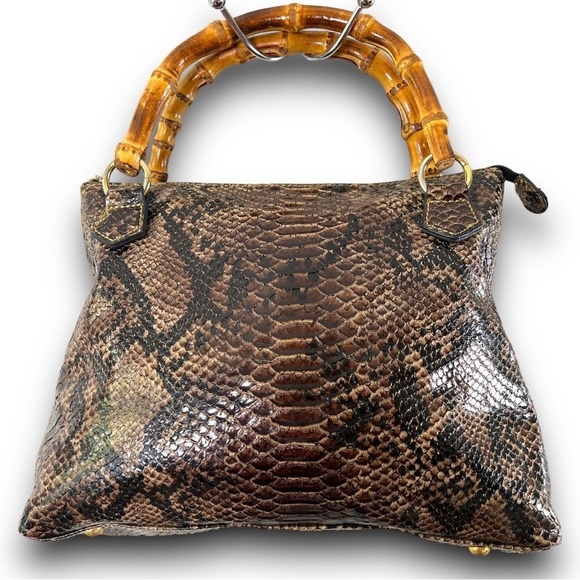 bagulous | Bags | Bagulous Vegan Leather Brown Black Python Print Bamboo Handle Purse | Poshmark